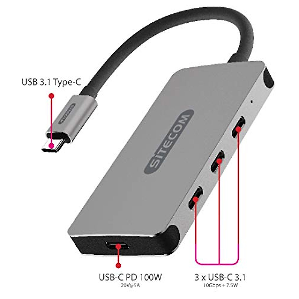 Sitecom CN-386 USB-C Hub 4 Port | USB-C Male to 3X USB-C 3.1 + 1x USB-C Female Power Delivery Ports - Aluminum Hub