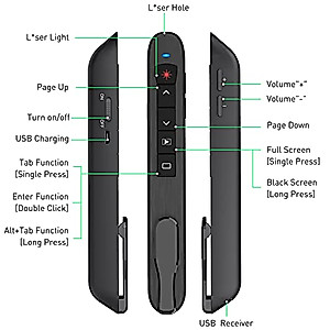 Presentation Clicker Green Laser Pointer, Rechargeable PowerPoint Clicker Wireless Presenter Remote, RF 2.4GHz USB Presentation Pointer Slide Advancer with Hyperlink Volume Control for Mac Computer
