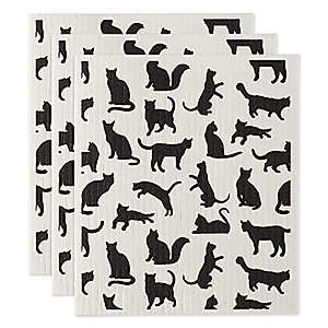 DII Swedish Dishcloths for Kitchen & Cleaning, Reusable, Machine Washable & Dishwasher Safe, Biodegradable, 7.75 x 6.75, Cats, 3 Piece