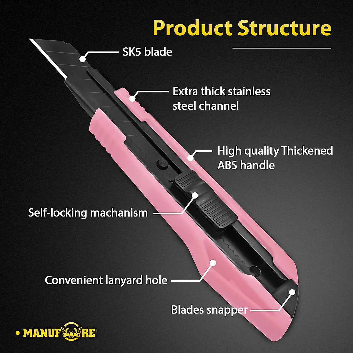 MANUFORE 2 Pack Pink Snap-off Utility Knife 9mm 30 Degree Knife and 18mm Knife Set with 20pcs Black Blades for Cutting Paper, cardboard
