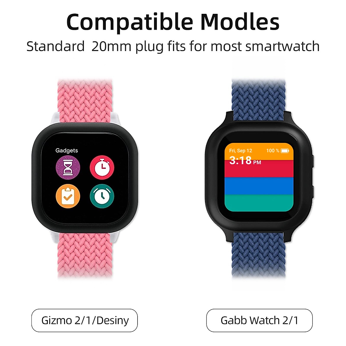 SimpleThings Nylon Solo Loop Compatible for Gizmo Watch Gabb Watch 1/2/3 Watch Band Replacement, 20mm Braided Breathable Stretchy Sport Watch Strap for Kids Boys Girls