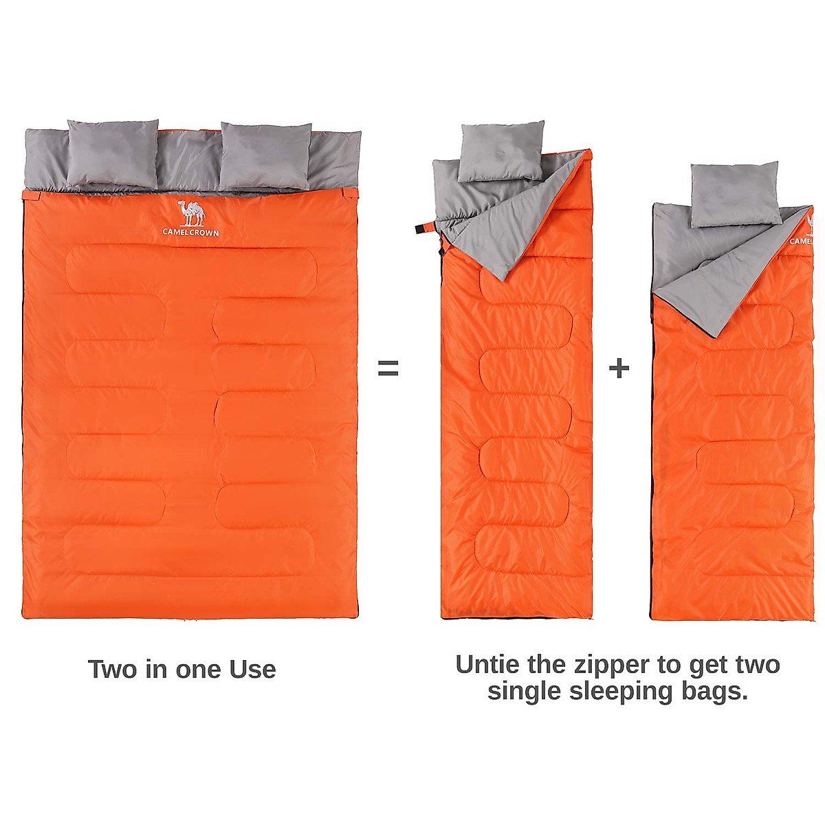 CAMEL CROWN Double Sleeping Bag - 4 Seasons Warm Cold Weather, Portable, Backpacking Hiking Camping Bag with Pillow for Camping & Adventures