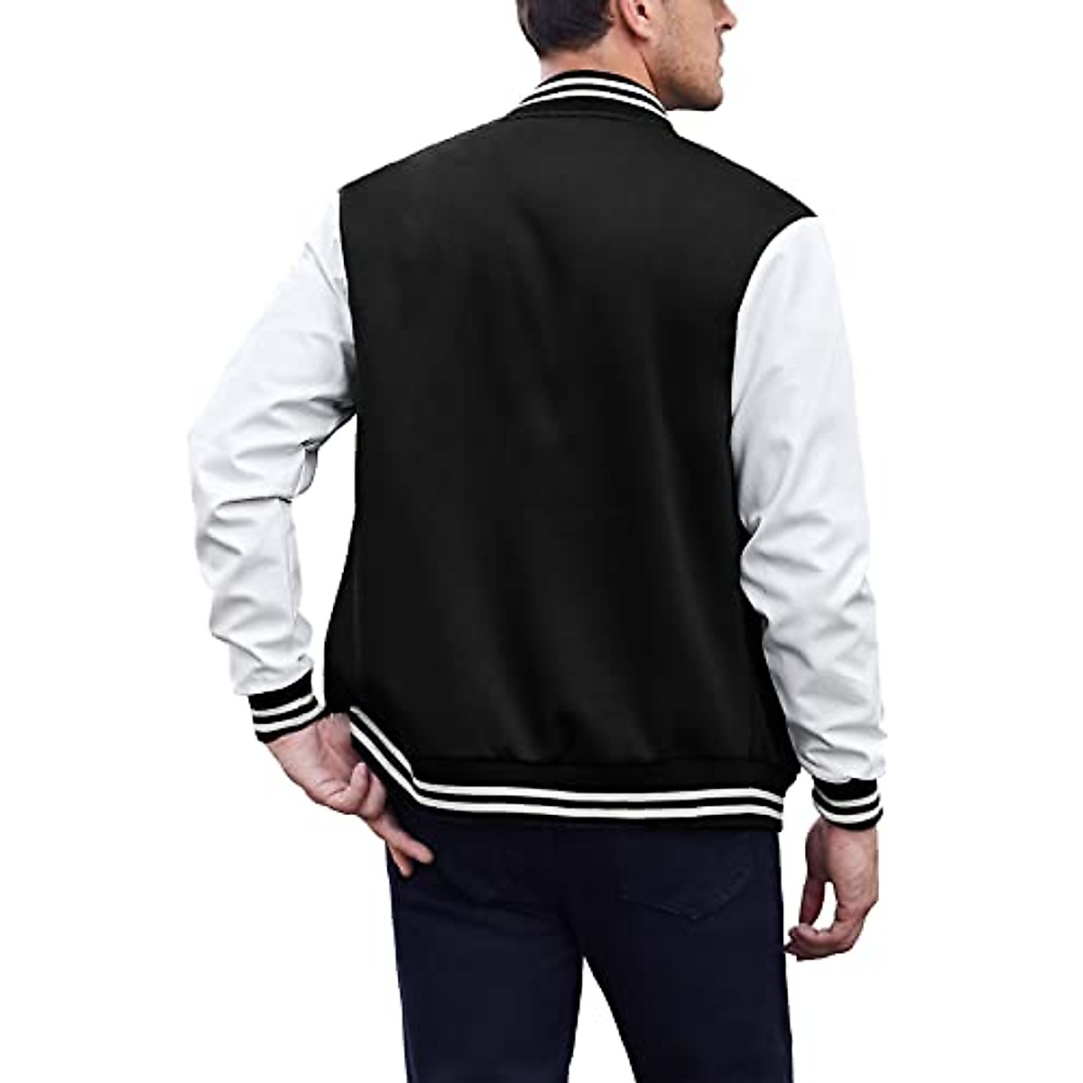 COOFANDY Men Fashion Varsity Jackets Leather Sleeve Slim Fit College Baseball Letterman Bomber Coat, Pure Black, XX-Large