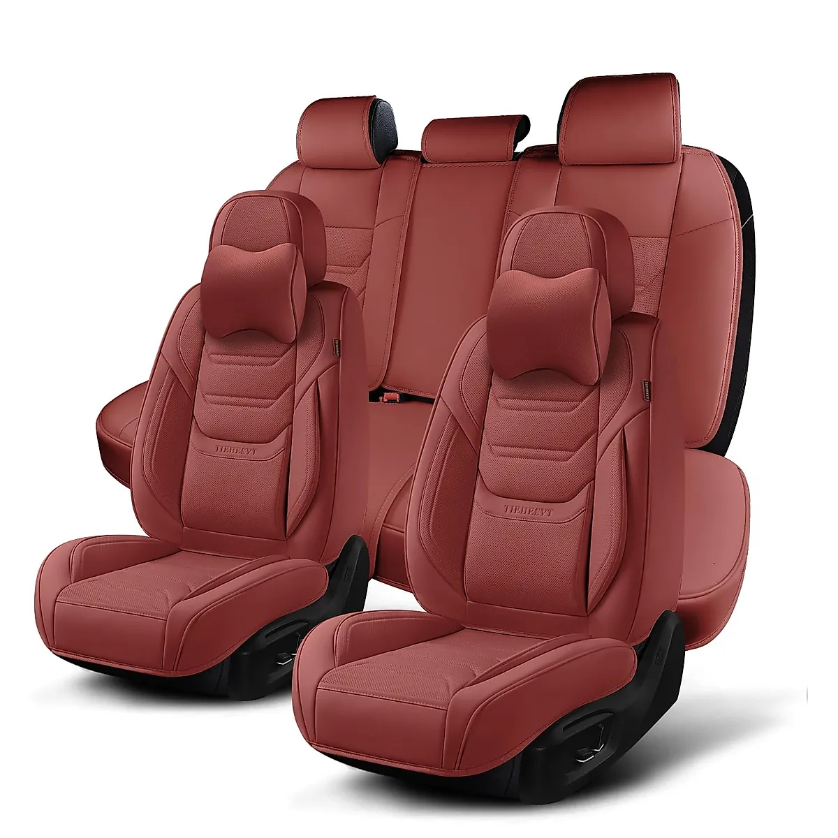 TIEHESYT Wine Red Car Seat Covers Full Set, Breathable Leather Automotive Front and Rear Seat Covers & Headrest for Comfortable Driving, Universal Auto Interior Fit for Most Kinds of Vehicles, Cars