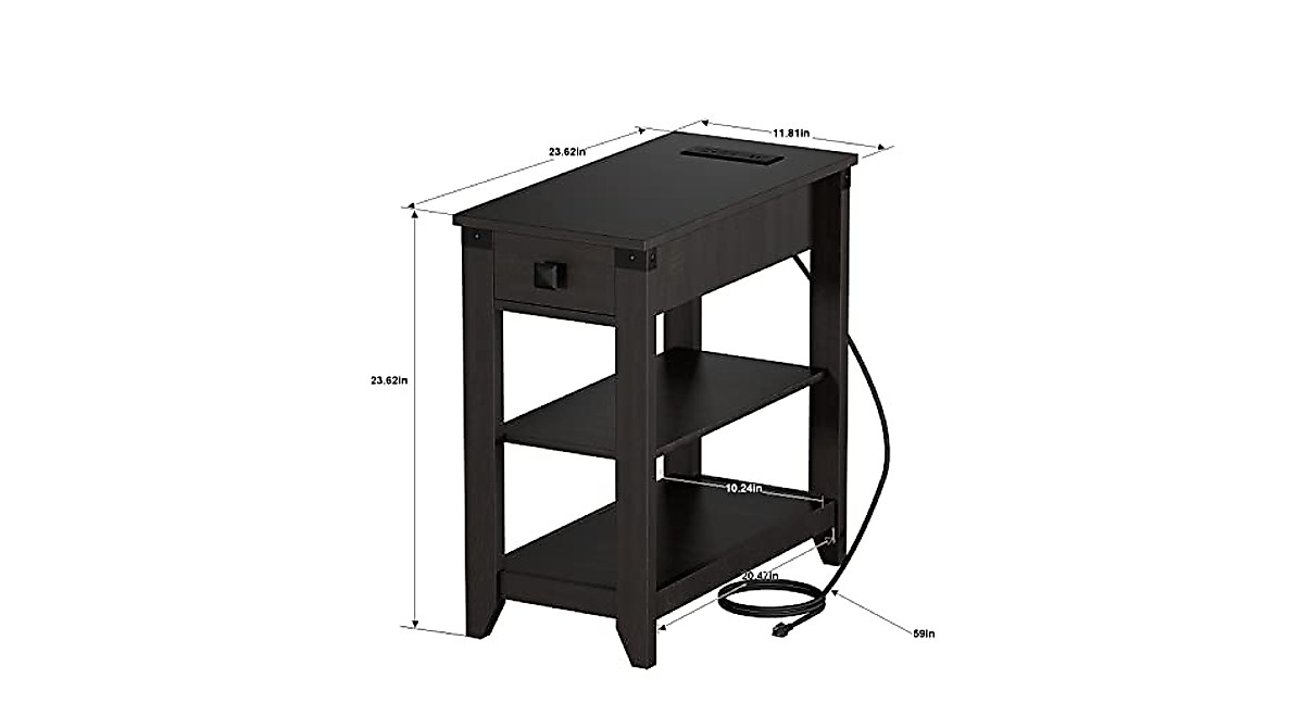 HOSEOKA Narrow End Table with Charging Station - Rustic Farmhouse Style