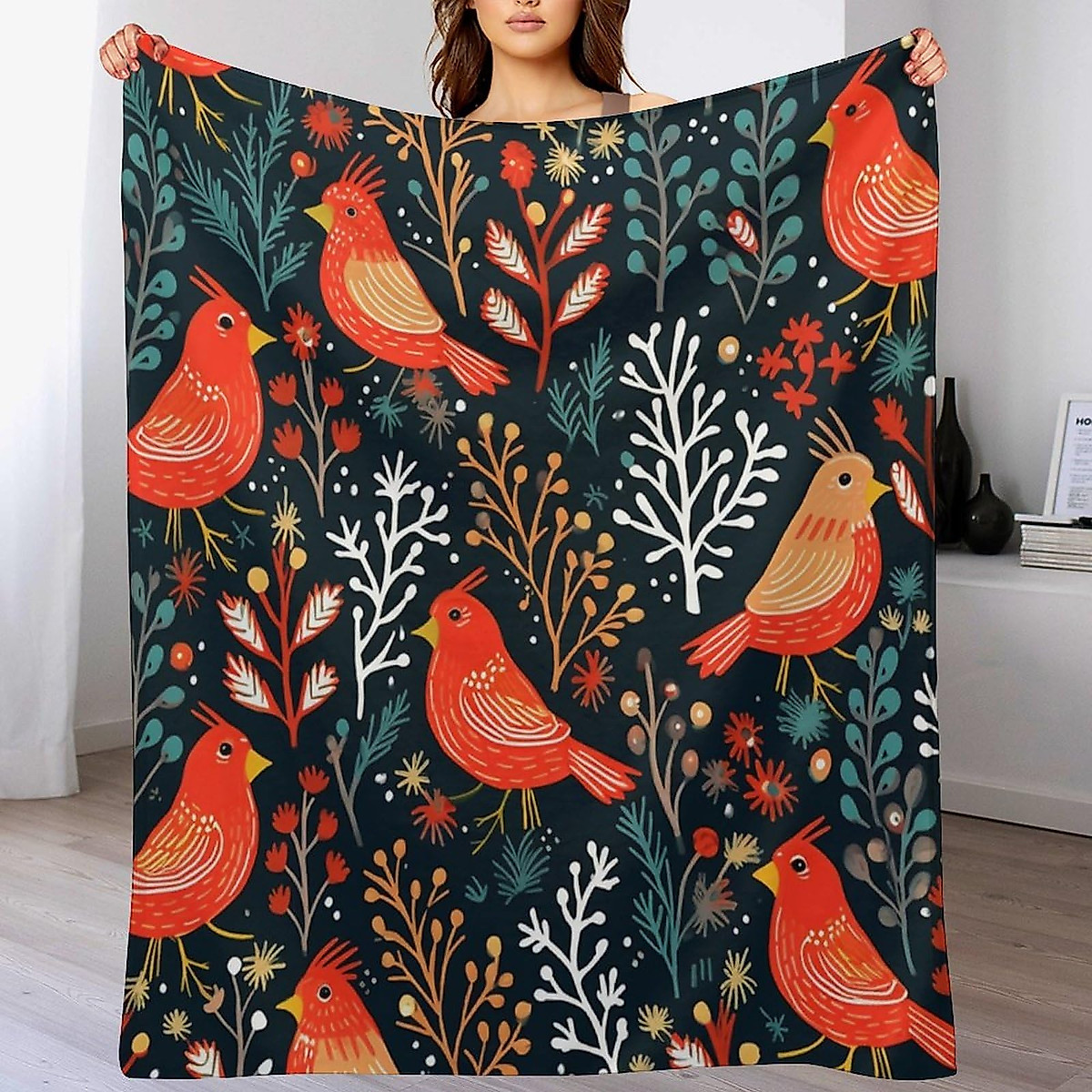 Blanket Red Christmas Birds Plush Throw Fleece Blanket Happy New Year Soft Cozy Microfiber Throw Blanket for Couch Sofa Bed for Adult Kid Birthday 40"x50" Ultra Soft Plush Cozy Xmas Prints