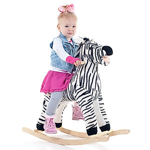 Zebra Rocking Horse – Plush Safari Animal Body and Seat with Wooden Rocker Base and Handles for Ages 3 and Up by Happy Trails, Black & White