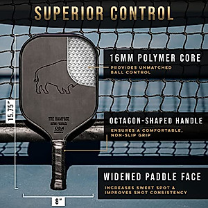 Bison Paddles: Carbon Fiber Pickleball Paddle - Raw Toray T700 Surface Provides Maximum Ball Spin | Elongated or Widened Pickleball Racket Shapes Available - Neoprene Cover Included