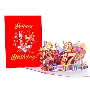 iGifts And Cards Happy 17th Red Birthday 3D Pop Up Greeting Card – Awesome 17 Birthday Card Son, Daughter, Turning Seventeen Birthday Gift Granddaughter, Grandson, Unique Fun Present, 5" X 7"
