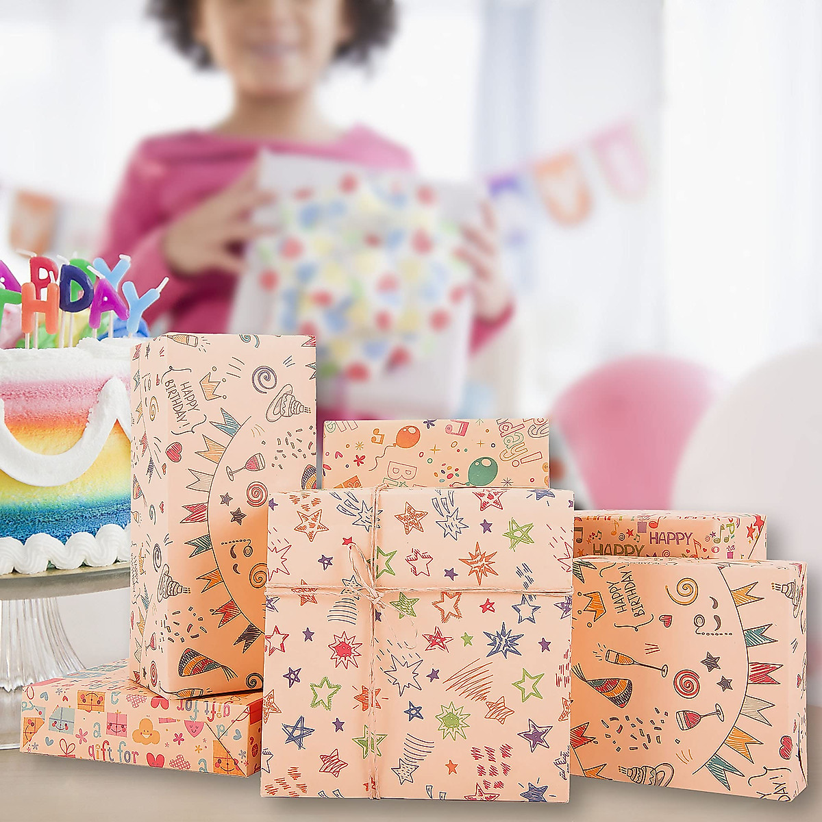 Larcenciel Birthday Wrapping Paper, 6 Sheets Kraft Gift Wrapping Paper, Balloons Cake Happy Birthday Wrapping Paper for Boys, Brown Gift Wraps for All Birthday, Holiday Party-Folded Flat-27.5x19.6inch