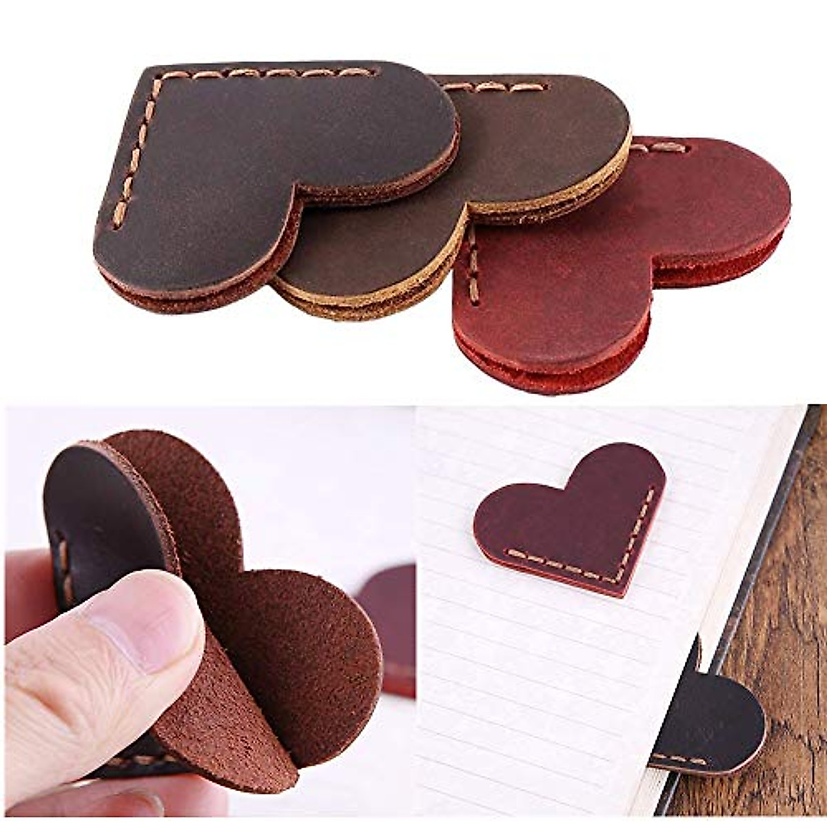 3Pcs Heart-Shape Leather Bookmark Page Corner Page Maker Leather Bookmark Personalized Handmade Reading Book Marker for Bookworm Women Men Teacher Student Lover Gifts