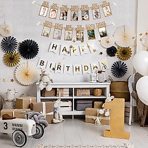 PartyHooman 1st Birthday Photo Banner for Baby from Newborn to 12 Months, First Birthday Decorations Boy or Girl Monthly Milestones Garland | First Birthday Photo Banner Pre-strung with Frame (Kraft)