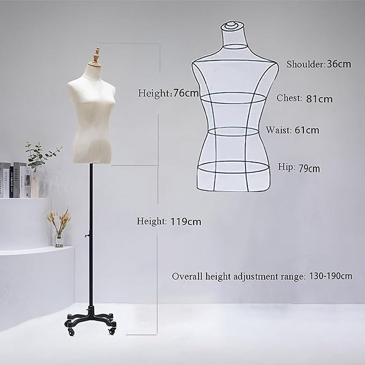 Female Dress Form Mannequin Torso, Adjustable Height 51-75 Inch Stand, Manikin Body Model with Metal Movable Rolling Base, for Clothing Dress Jewelry Display Sewing ( Without Head & Arms)