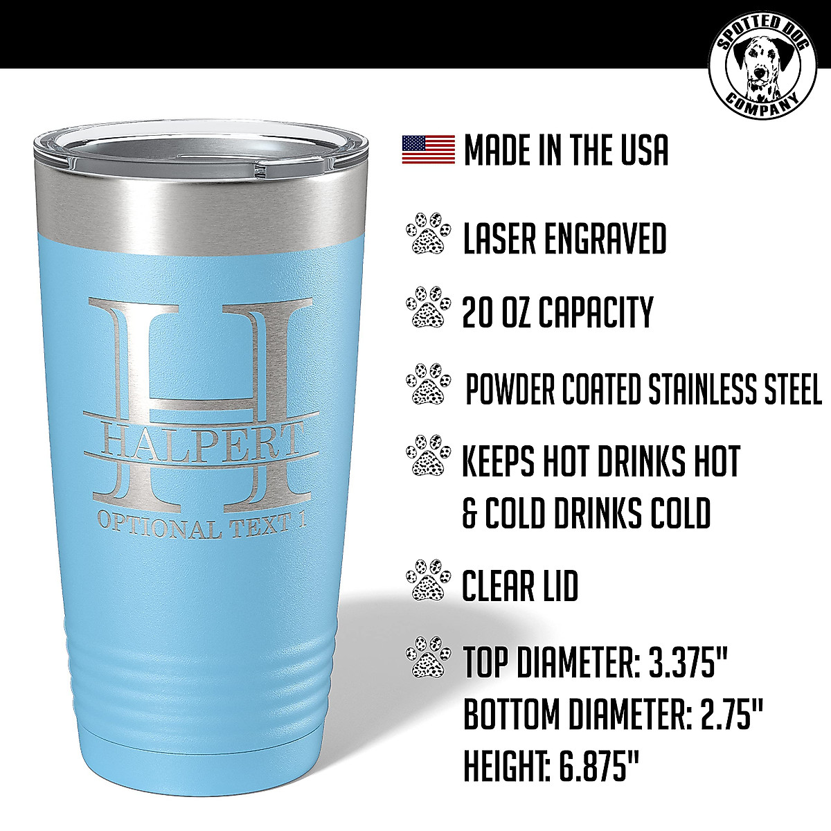 Personalized 20oz (17 Colors) Powder Coated Insulated Stainless Steel Tumbler with Lid, Custom Etched, Customized Engraved Gift Idea for Women Men Her Him, Halpert Monogram Initial Name (Light Blue)