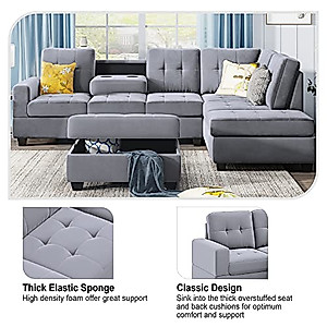 Living Room Furniture, Reversible Sectional Sofa with Storage Ottoman,L-Shape Couch with Two Cup Holders for Large Space Dorm Apartment,Gray