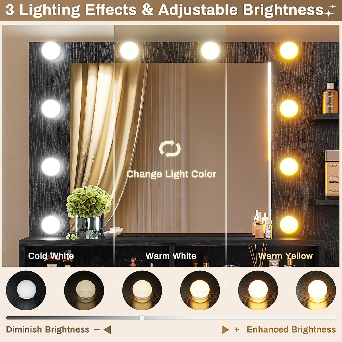 BTHFST Makeup Vanity with Lights and Charging Station, Black Vanity Desk with Mirror and Lights, Makeup Table with 5 Drawers and Shelves, Vanity Mirror with Lights Desk, Black Wood Grain