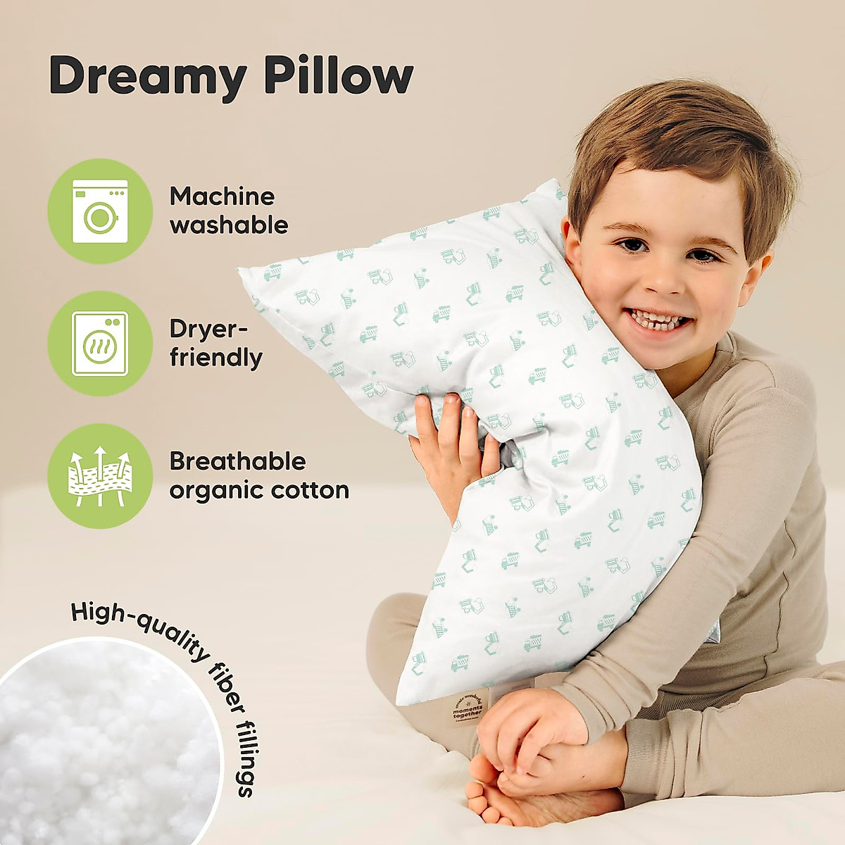 KeaBabies 2-Pack Toddler Pillow 13x18 - Soft Organic Cotton Kids Travel Bed Pillows for Sleeping, School, Nap, Machine Washable, Toddlers 2 to 5, Pillowcase Sold Separately (Excavator)