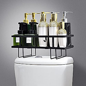 BALANDUKO Bathroom Organizer Over The Toilet Storage Shelf, Iron Restroom Organizers with Hanging Hook & Adhesive Base, No Drilling Space Saver with Wall Mounting Design (Black)