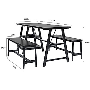 SogesHome 55’’ Kitchen Table Sets, 3-Piece Dining Room Table and Benches for 4, Breakfast Lunch Table with Wine Rack and Glass Holder for Kitchen, Living-Room, Small Space, Black