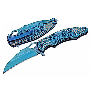 SZCO Supplies 300580-BL Titanium Finished Blue Dragon Edc Folding Knife with Pocket Clip, 8.5" Length