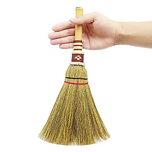 Handmade,Natural Grass Asian, Whisk Broom Thai, Handle Bamboo, Soft Brush Mini with Solid Wood Handle Retro Nature No Static Electricity Sweeping 13in