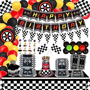Race Car Birthday Party Supplies, Car Theme Party Decorations, Happy Birthday Banner, Plates, Race Car Tablecloth, Black and White Checkered Flag, Napkins, Cups, Balloon Arch Decor for Boy Teens Bday