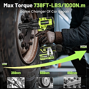 Robustrue 1000N.m(740ft-lbs) Cordless Impact Wrench, High Torque Brushless 1/2 Impact Gun, 2 x4.0Ah Battery 21V Max, Fast Charger, 4 Sockets, Pistola De Impacto for Home Car Tires Truck Mover