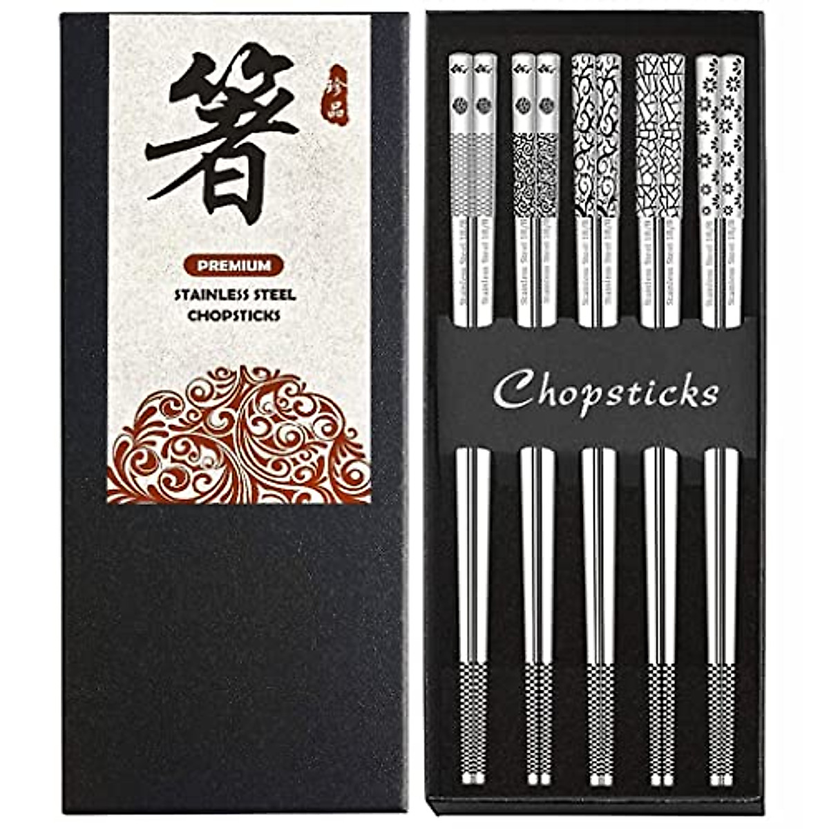 Metal Chopsticks Stainless Steel Reusable Chopsticks 18/8 Cute Laser Engraved Non-slip Korean Japanese Chinese Chopsticks,18/8 Stainless steel Dishwasher Safe for Cooking Eating 9 1/4 Inches 5 Pairs