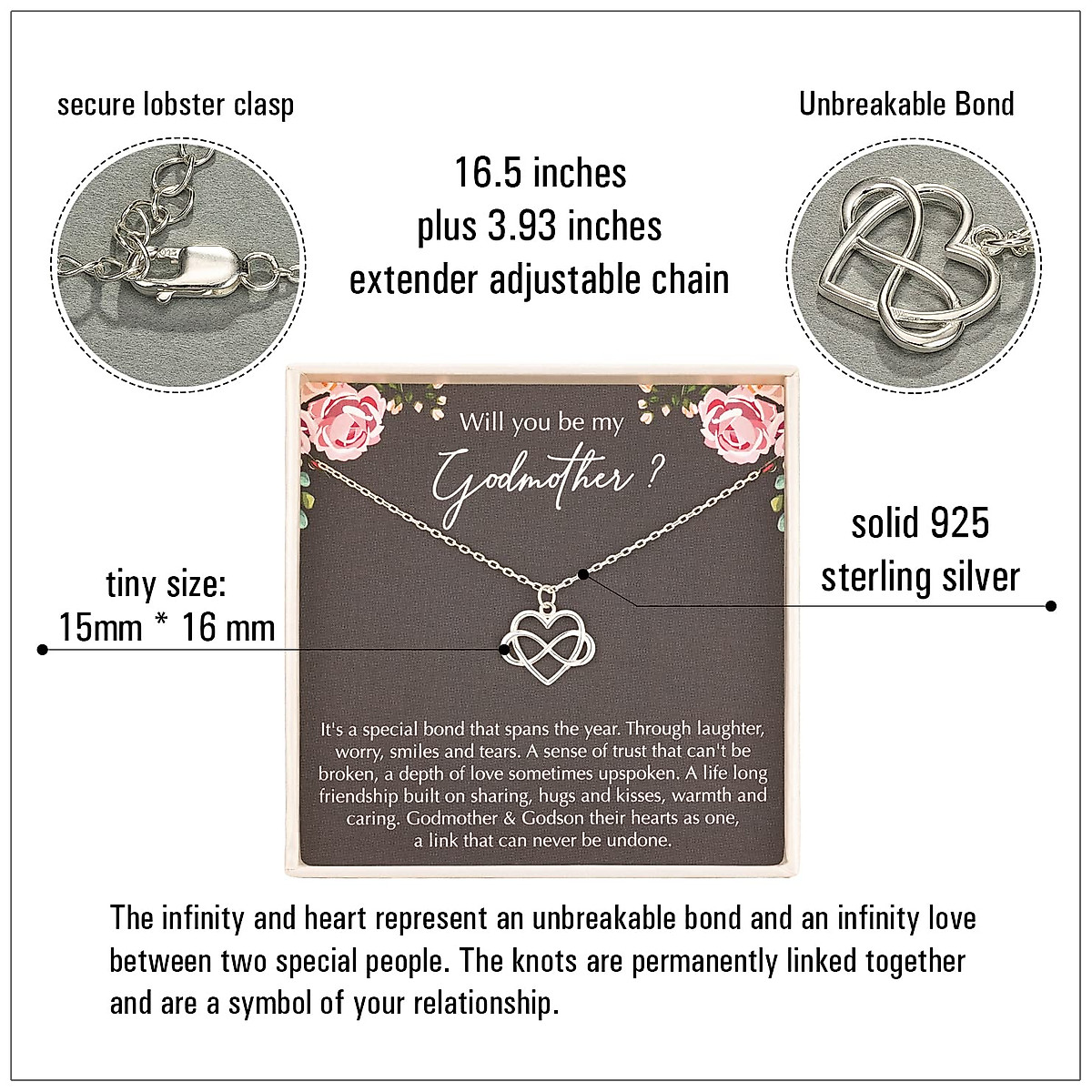 RareLove Godmother Proposal Gift,Gift for Godmother from Godson,Godmother & Godson Necklace 925 Sterling Silver Tiny Infinity Heart Necklaces for Women,Gifts for Godmother