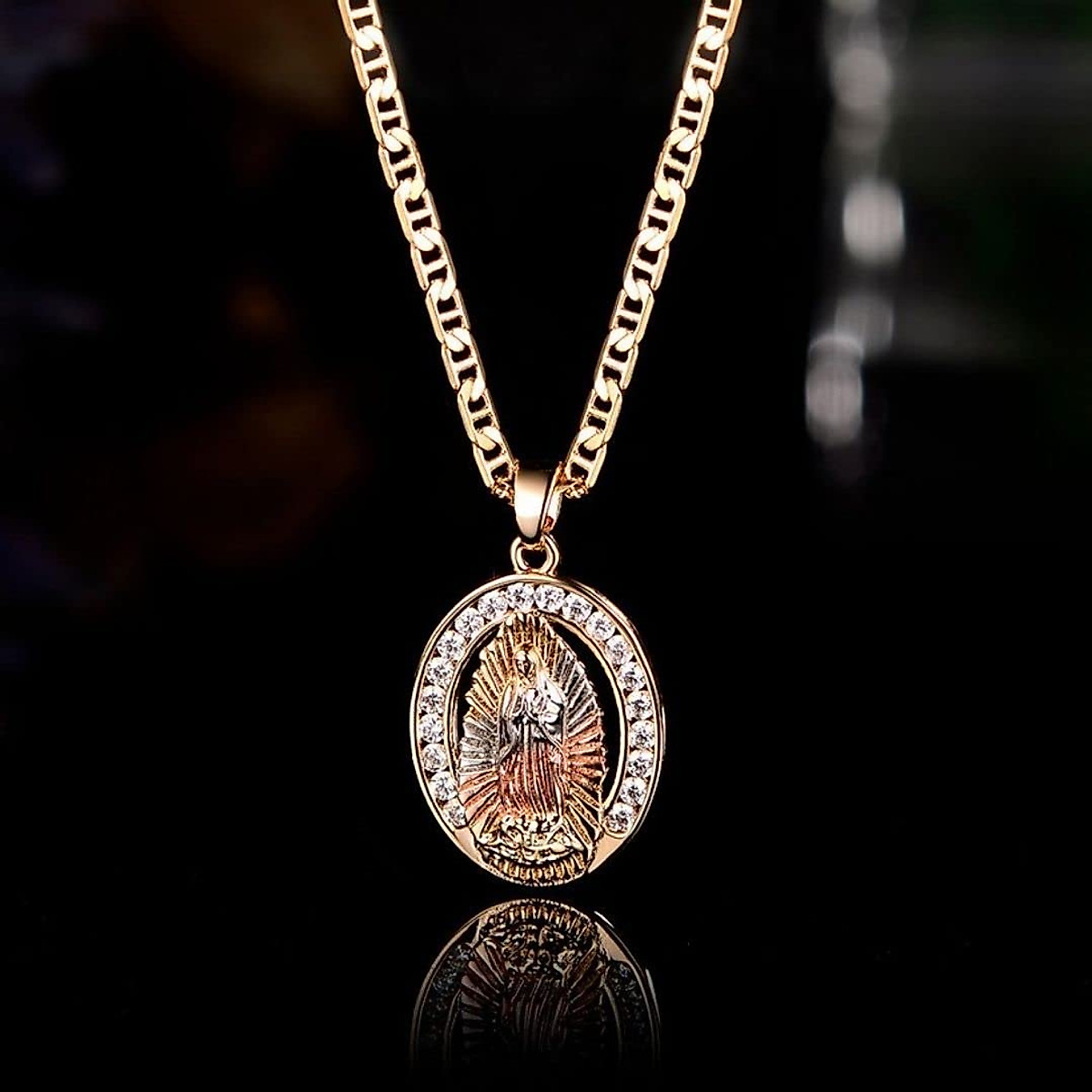 Barzel 18K Gold Plated Three-Tone Crystal Mother Mary Pendant Necklace (24")