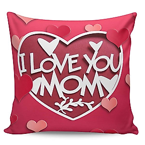 Roses Garden Throw Pillow Cover I Love You Mom Red Heart Pattern Pillow Case Square Cushion Cover Super Soft Brushed Fabric Room Decor Pillowcase for Home Couch Sofa Bed, 18" x 18"