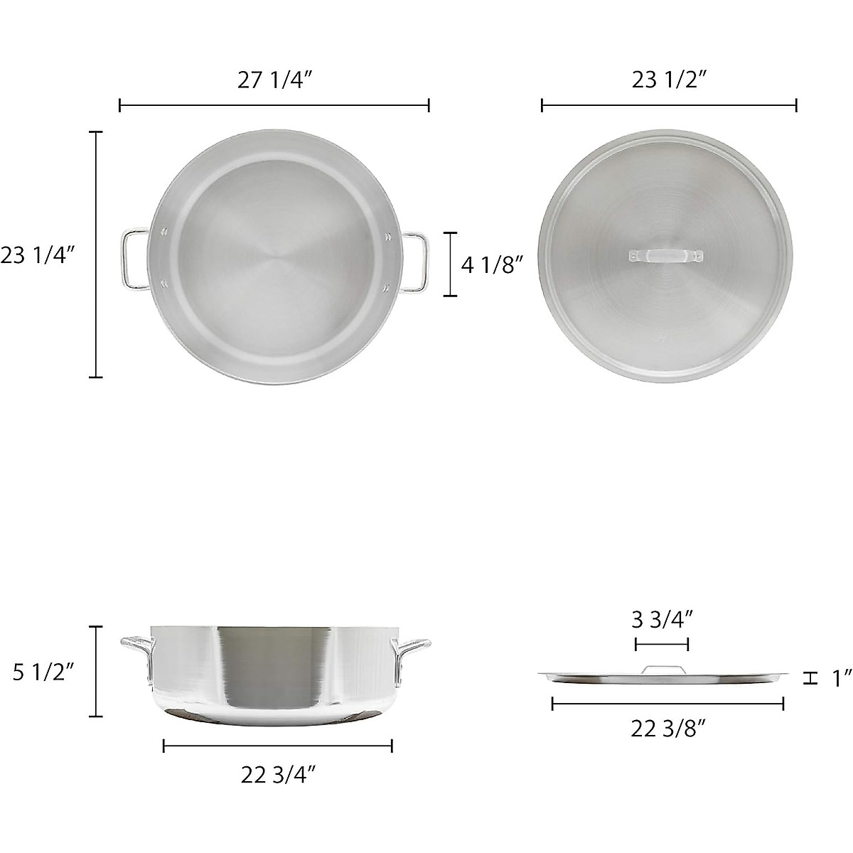 TrueCraftware- 40 qt. Aluminum Brazier Pot with Cover 6mm Thickness- Heavy Weight Cookware Braiser Pan Braising Pan Perfect Roasting Baking Sauteing Searing and Pan Frying Mirror-Finished