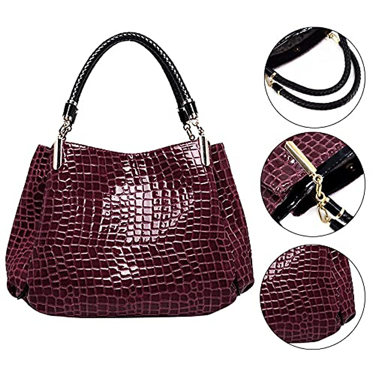 Women Large Alligator Pattern Faux Leather Top-handle Bag Evening Party Handbag Travel Tote Crocodile Dark Red