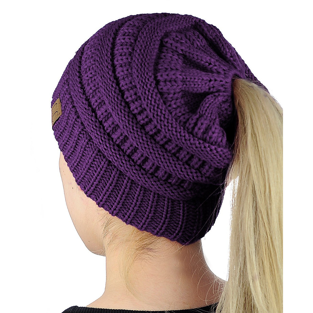 C.C BeanieTail Soft Stretch Cable Knit Messy High Bun Ponytail Beanie Hat, Purple