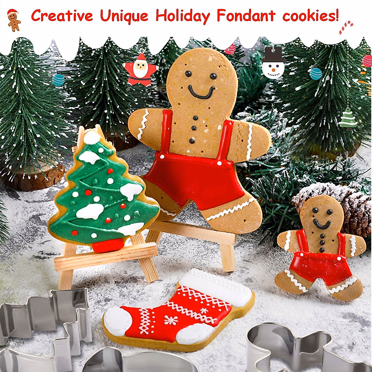 Large Christmas Cookie Cutters, 4" Holiday Cookie Cutters Shape with Recipe Instruction Gingerbread Men,Christmas Tree,Snowflake, Candy Cane,Santa Face and Snow Man for Baking