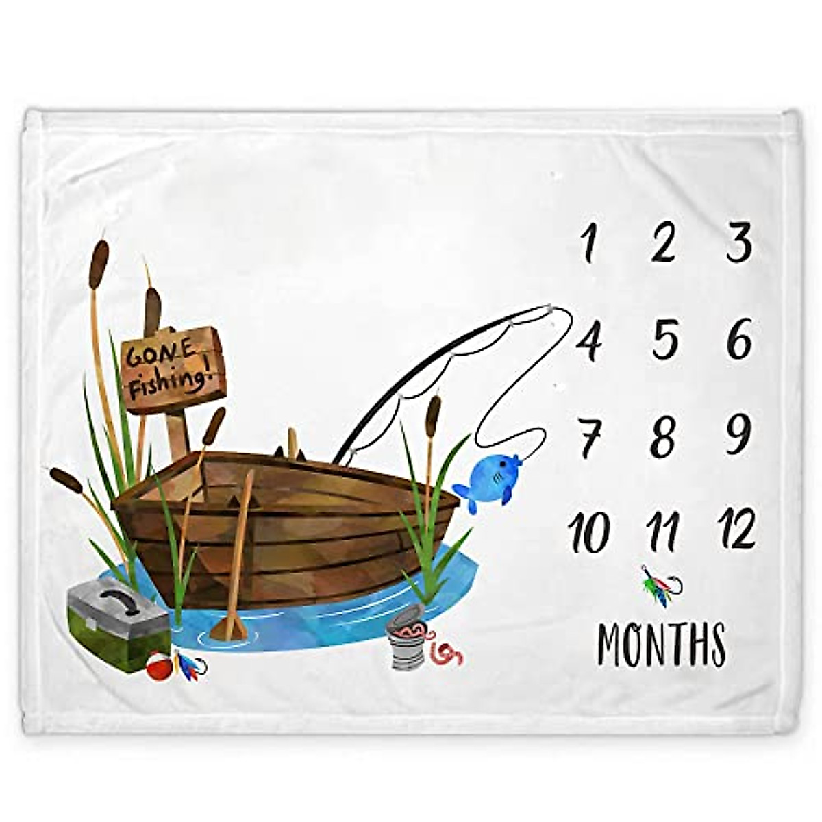 Popfavors Fishing Baby Monthly Milestone Blanket, Gone Fishing Baby Boy Growth Chart Milestone Photo Blanket, Fishing Boat Newborn, Includes Marker (50x40)