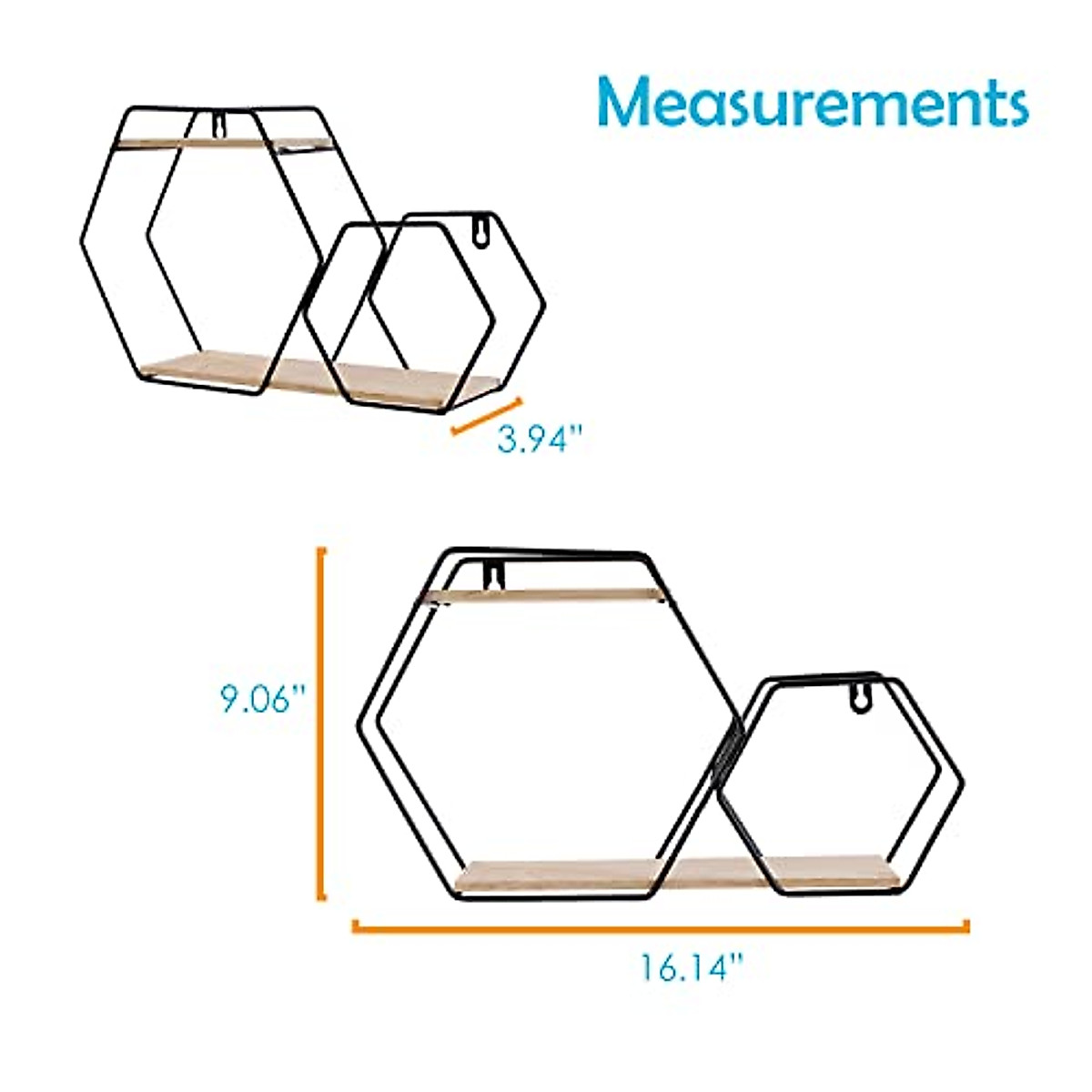 Houseables Hexagon Shelves, Wall Hanging, 16”x9”x4”, Small Wood, Black Iron, Metal Wire, Boho Geometric Honeycomb Shelf for Bathroom, Bedroom, Kitchen, Office, Storage, Plants, and Home Decor