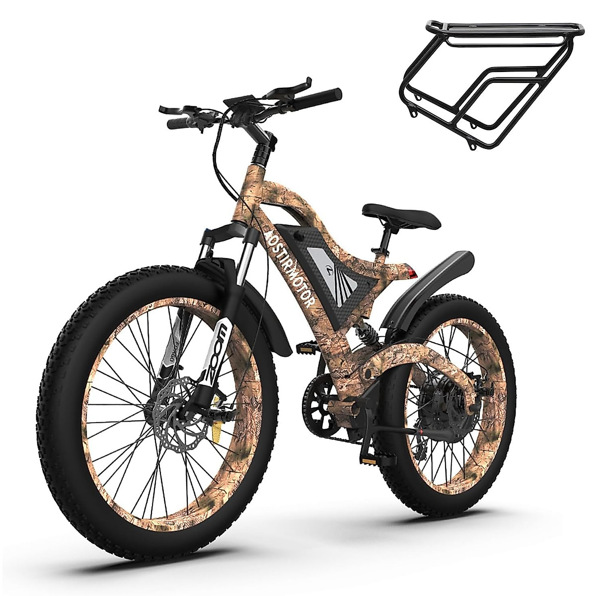 1500W Electric Bike for Adults,Max Speed 31MPH Electric Mountain Bike,48V15Ah Removable Battery,26" Fat tire Electric Bicycles,with Dual Shock Absorber,Shimano 7 Speed (Snake(with rear rack))