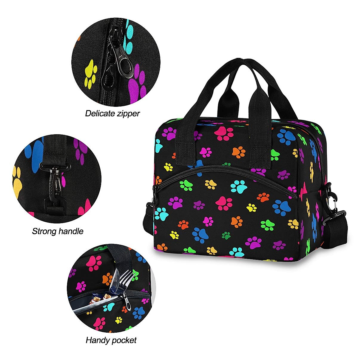 UOYO Lunch Bag Colorful Dog Cat Paw Print Lunchbox Organizer Insulated Waterproof Men Women Tote Cooler Handbag Adjustable Shoulder Strap for kids Girls Boys School Office Picnic