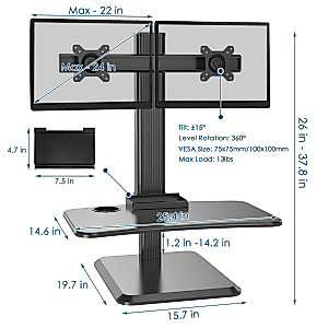 Dual Monitor Desk Converter, Adjustable Standing Desk Converter, Standing Desk Workstation with VESA Mount, Black