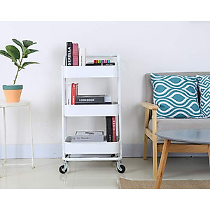 3-Tier Metal Mesh Rolling Cart Storage Organizer with Utility Handle and Wheels, White