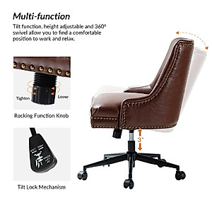 Faux Leather Home Office Chair with Black Metal Base and Nailhead, Modern Comfy Ergonomic Desk Chair with Adjustable Height/Tilt, 360-Degree Swivel, Armless Cute Decoration Vanity Chair, Brown