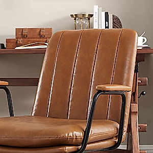 Volans Home Office Desk Chair, Oak Wood Legs, Modern PU Leather Desk Chair No Wheels, Executive Swivel Arm Chair, Mid Back Office Chair, Yellow Brown