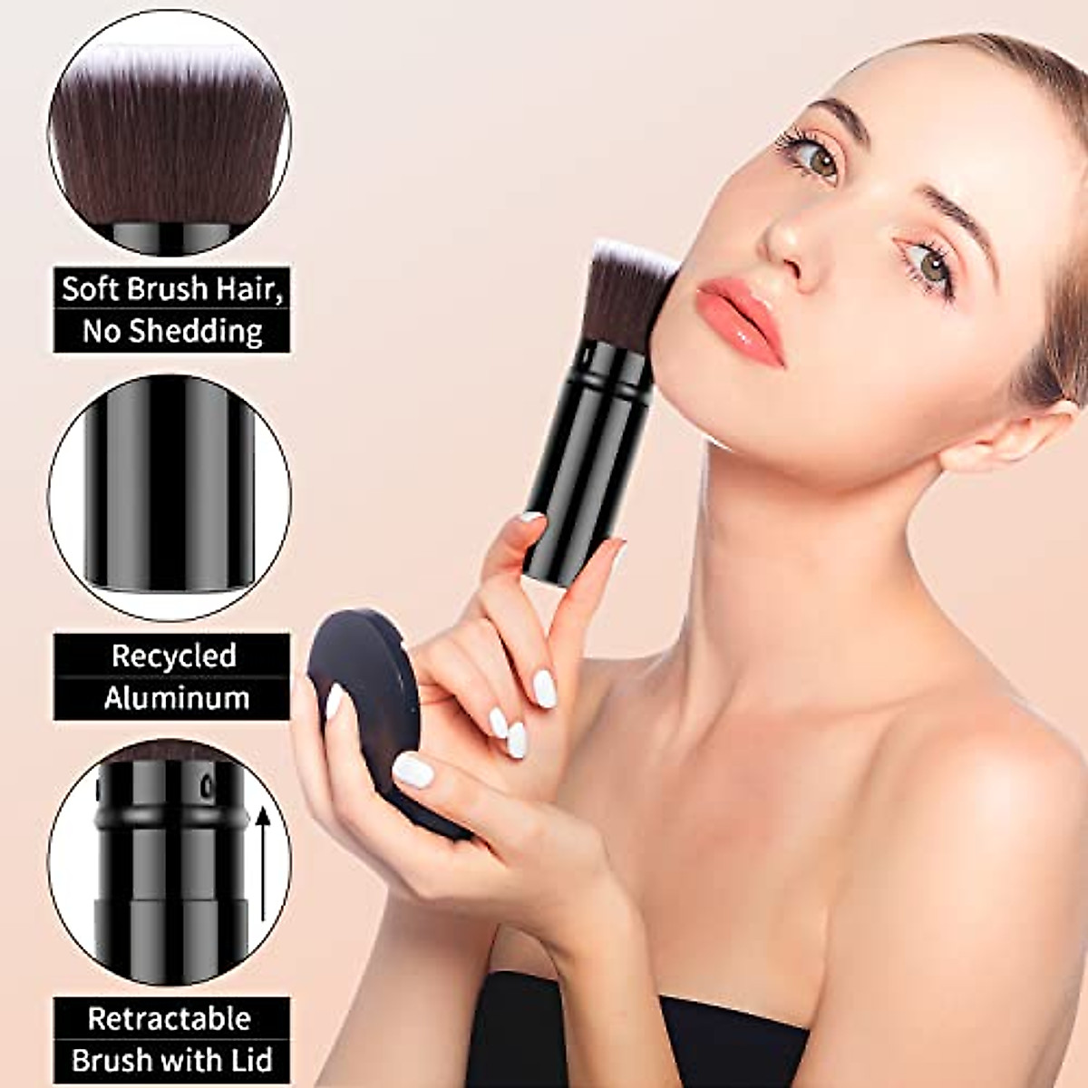 Falliny Retractable Foundation Makeup Brushes, Travel Flat Top Kabuki Powder Brush Portable Liquid Foundation Brush with Cover Perfect for Blending Liquid, Cream or Flawless Powder Cosmetics