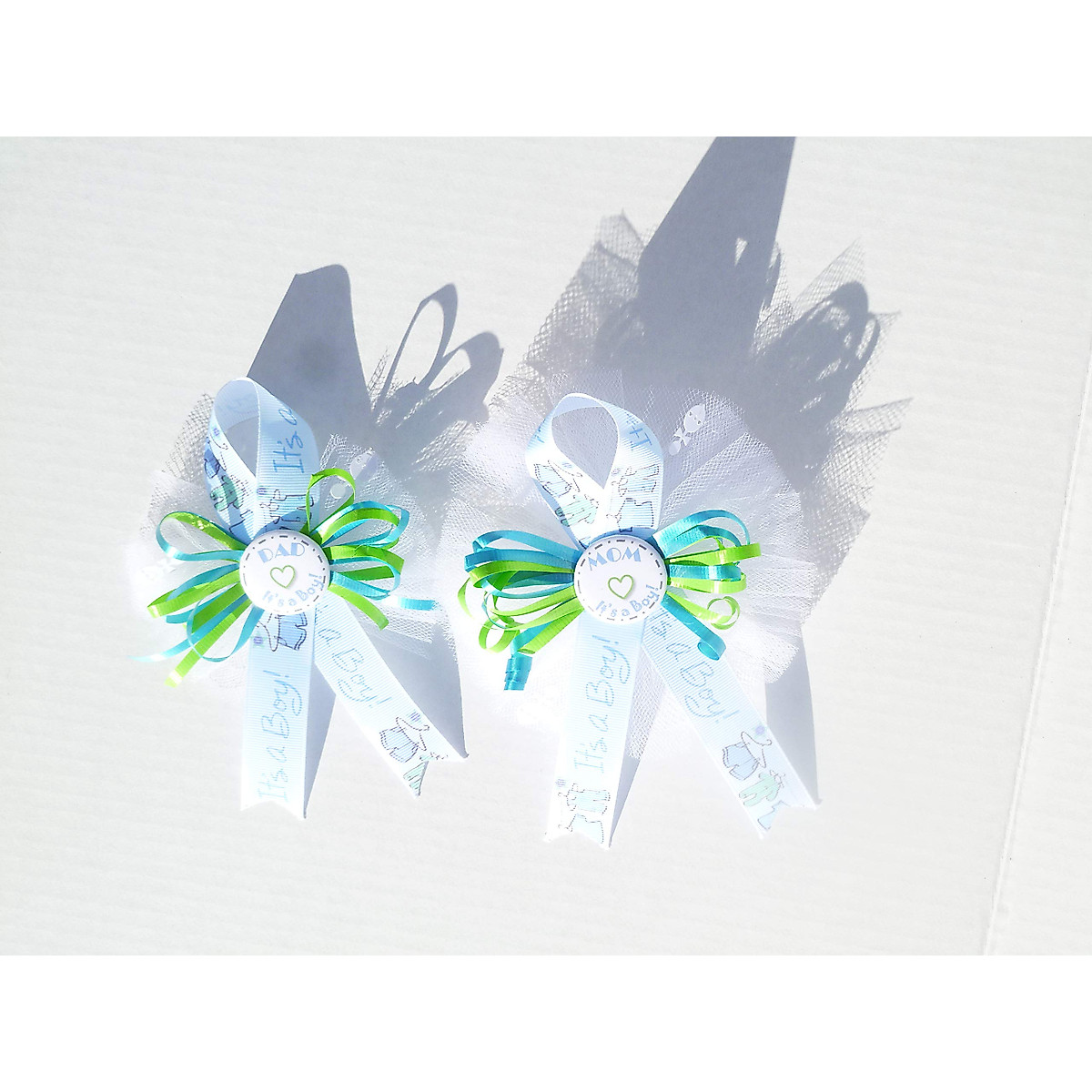 Baby Boy Baby Shower Party Corsage Buttons For Mommy and Dad (Blue, Green and white)