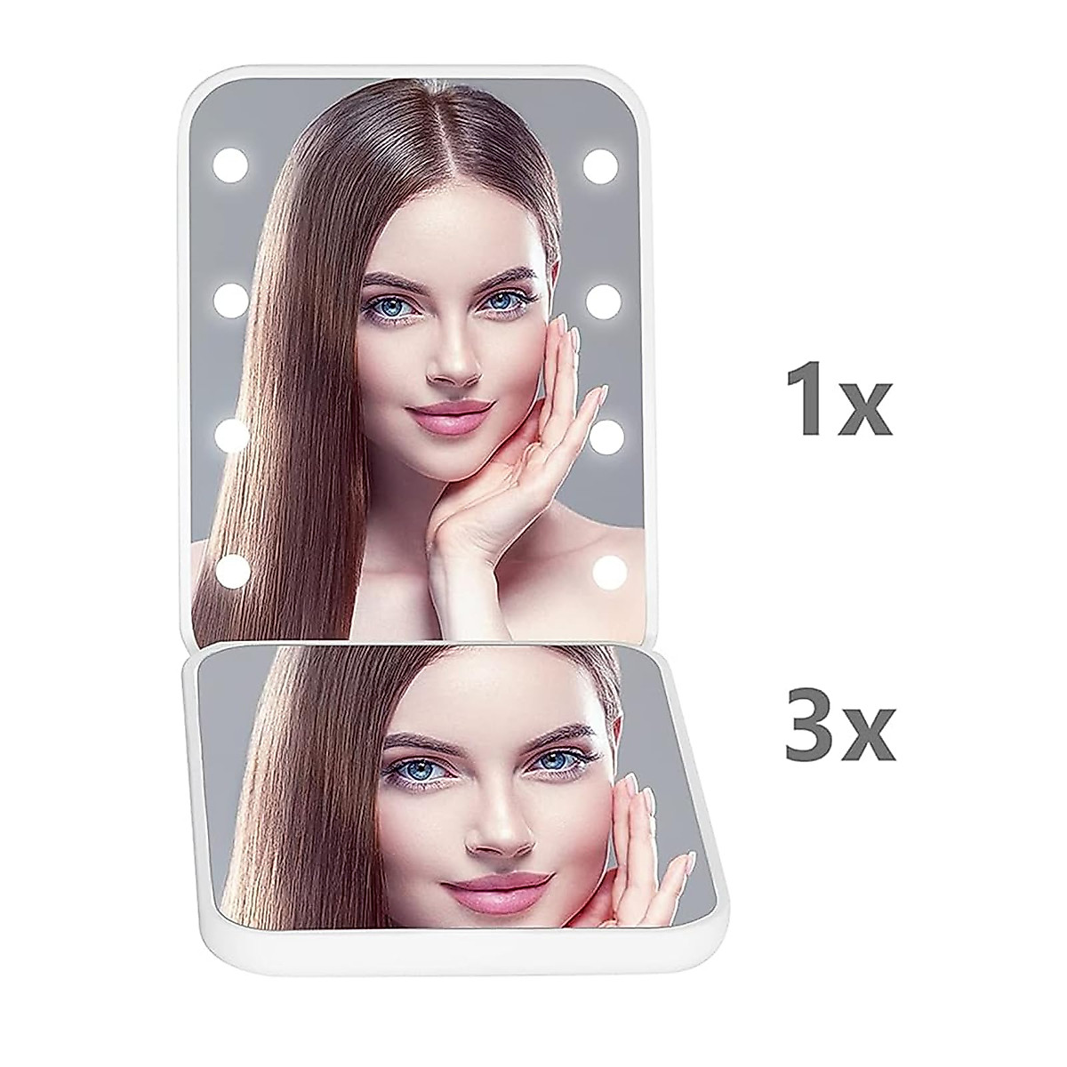 Kintion Pocket Mirror, 1X/3X Magnification LED Compact Travel Makeup Mirror with Light for Purse, 2-Sided, Portable, Folding, Handheld, Small Lighted Mirror for Gift, White