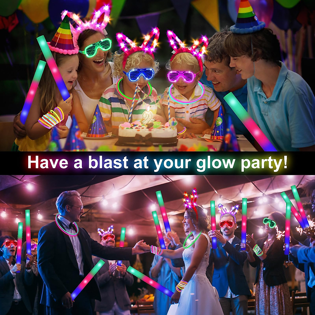 SHQDD 136PCS Glow in the Dark Party Supplies,Glow Sticks Glasses Favors, 12PCS Foam Glow Sticks, 12PCS LED Glasses, 12PCS Bunny Ear Headband and 100PCS Glow Sticks for Neon Party for Kids or Adults