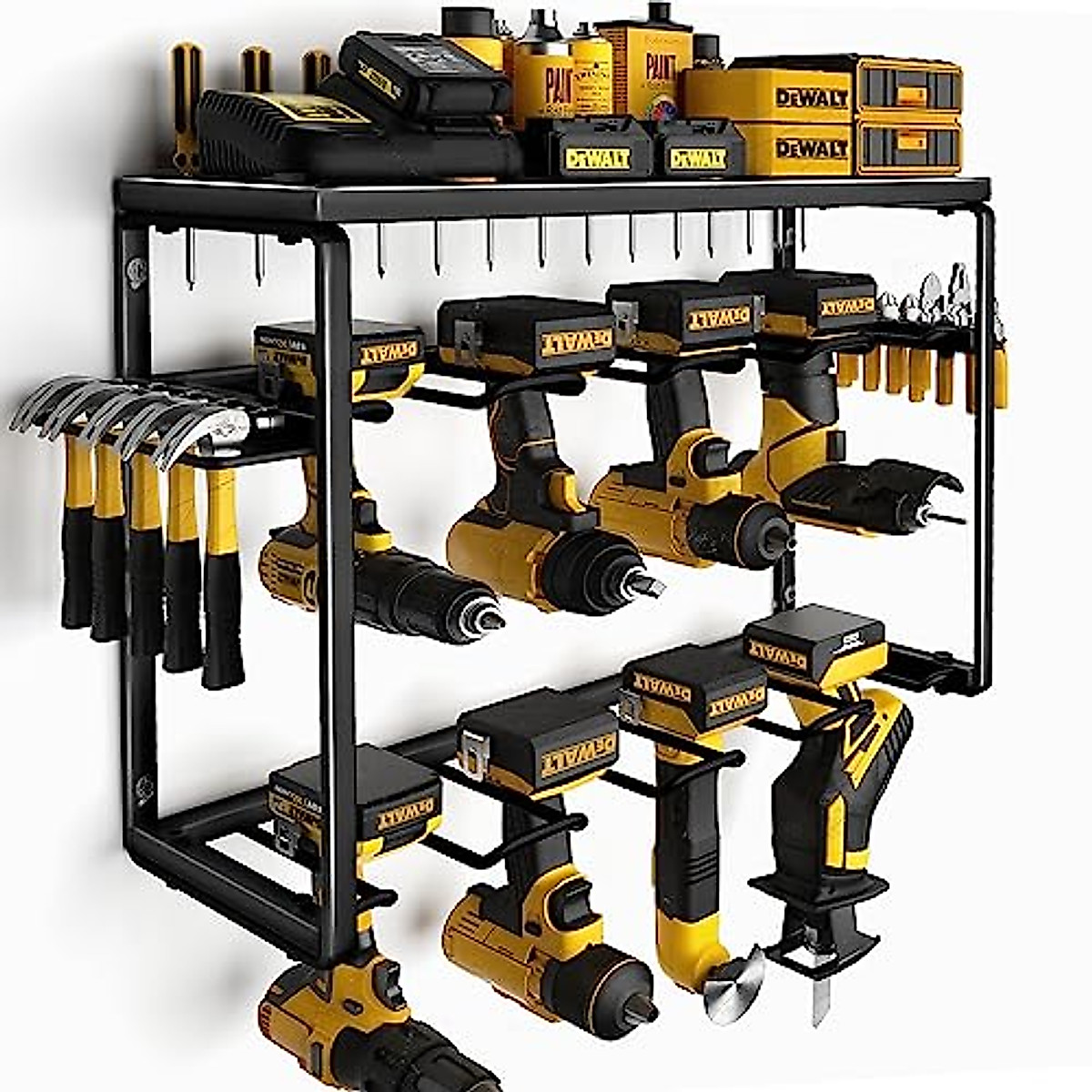 Spampur Power Tool Organizer, 8 Drill Holders Wall Mount, 3 Layer Heavy Duty Metal Storage for Garage Organization, Tools Storage with Hooks, Screwdriver Hammer Holder, Father's Day Men Gifts