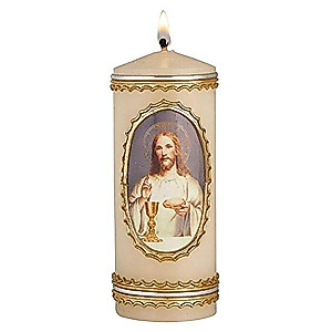 Bread of Life First Holy Communion Hand Decorated Candle, Catholic Keepsake Gifts for Girls and Boys, Gold Tone Accent Detailed Wax Candles Church Supplies 4.75 Inches