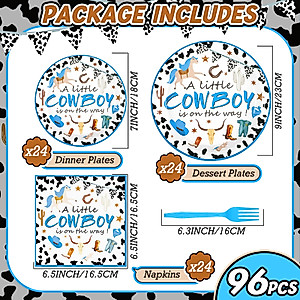 Sunnyray Cowboy Baby Shower Party Decorations Supplies Wild West Theme Party Tableware Set Western Rodeo Cow Country Party Dessert Plates Napkins Forks for 24 Guests Baby Shower Party